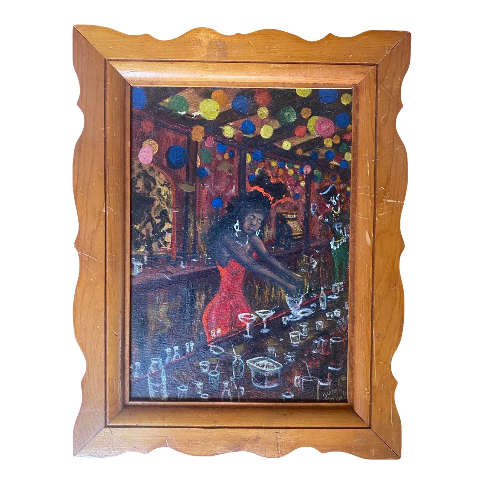 Vintage Oil on Canvas Painting Depicting a Bar Scene and Lively Black ...