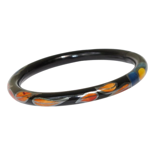 Art Deco Black Celluloid Bracelet Bangle with Leaves Design | Chairish
