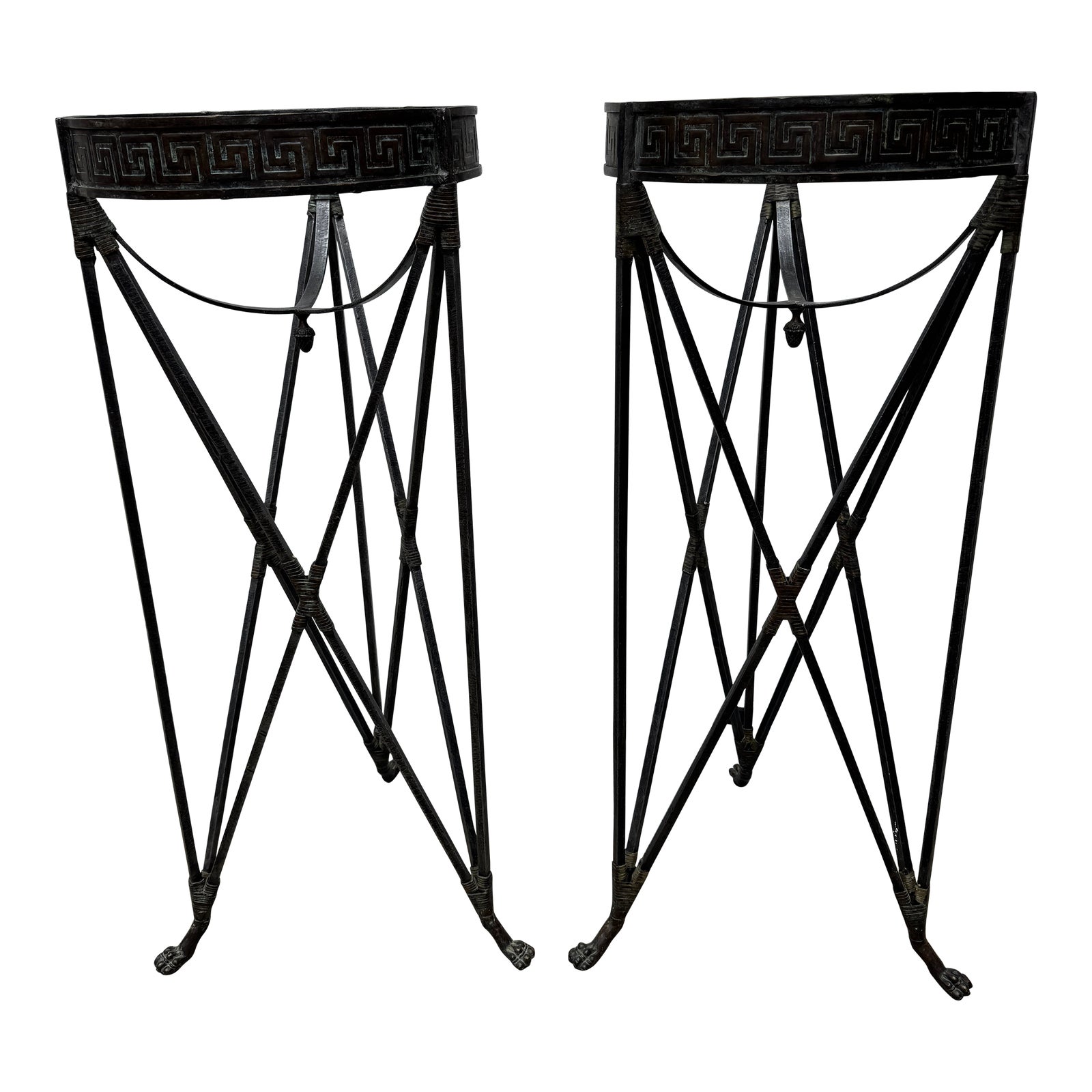 Late 20th Century Iron Greek Key Athénienne Tripod Stands - Set of 2 ...