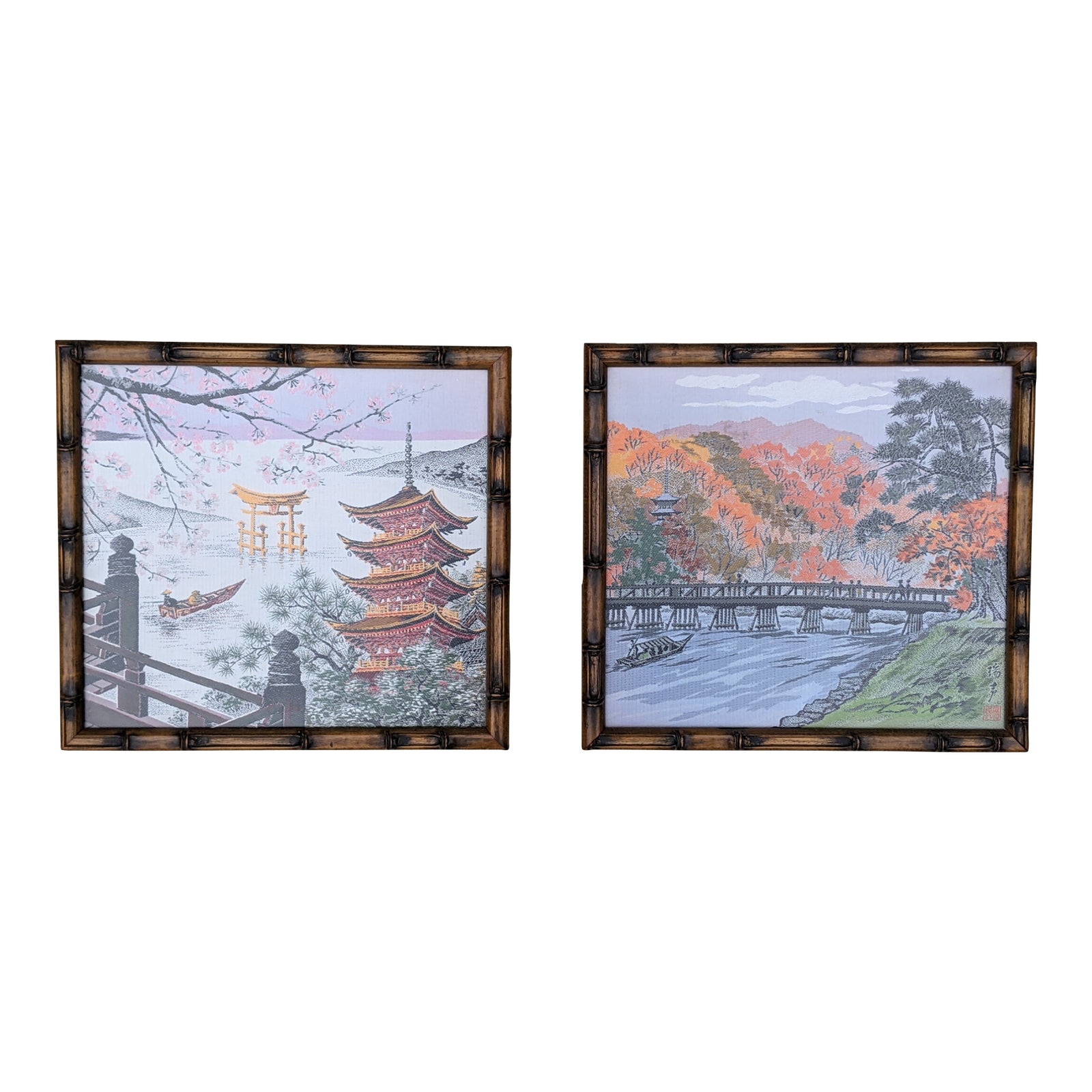Vintage Asian Landscape Japanese Silk Embroidered Textile Art in Faux ...