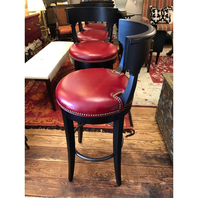 Custom Ebonized Wood & Red Leather Bar Stools -Set of 4 | Chairish