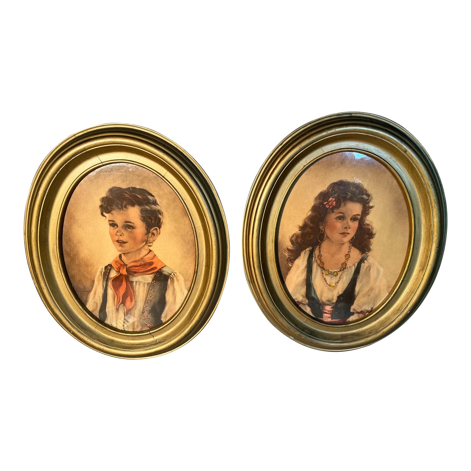 Gypsy Young Girl & Boy C1940 by Anne Allaben Gold Oval Frames 13x16 ...