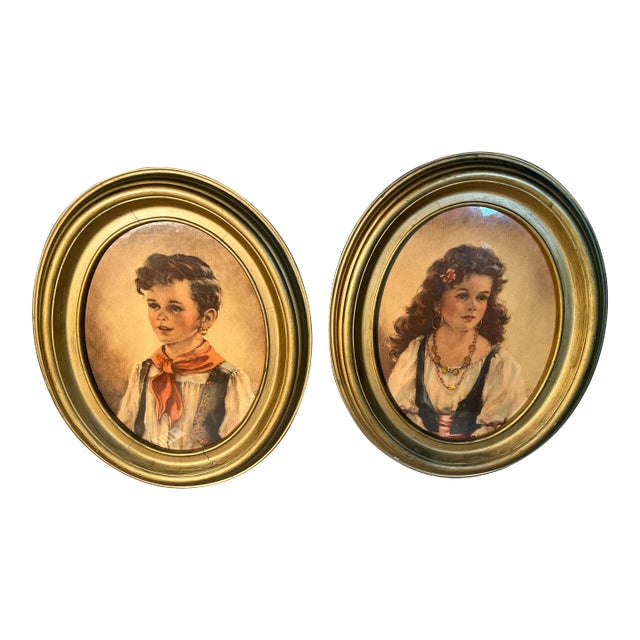 Gypsy Young Girl & Boy C1940 by Anne Allaben Gold Oval Frames 13x16 ...