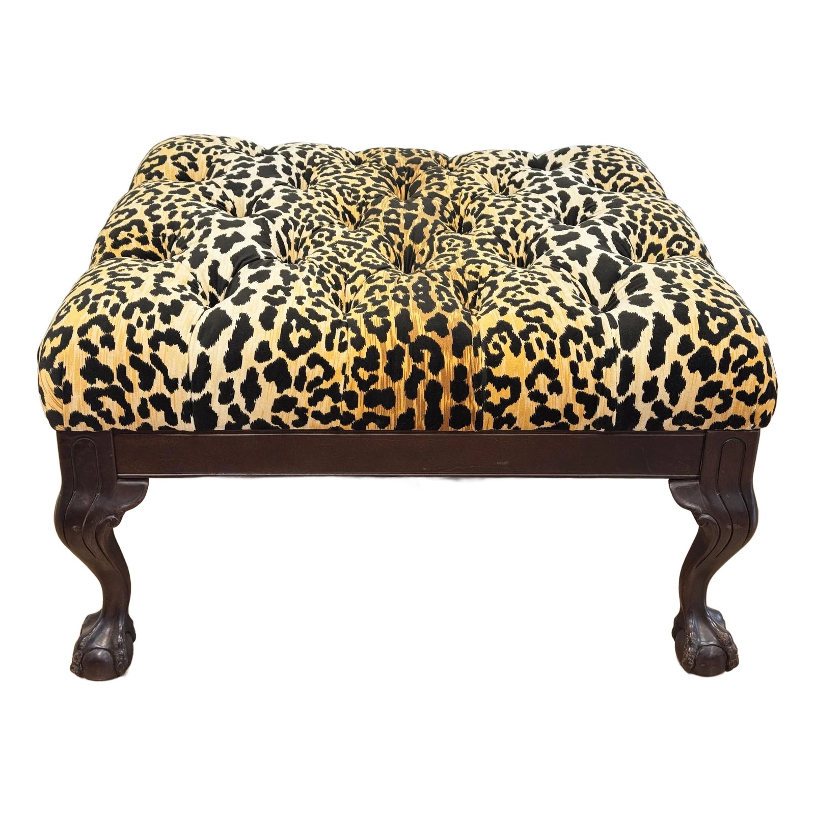 Vintage Leopard Print Velvet Tufted Claw Foot Ottoman | Chairish