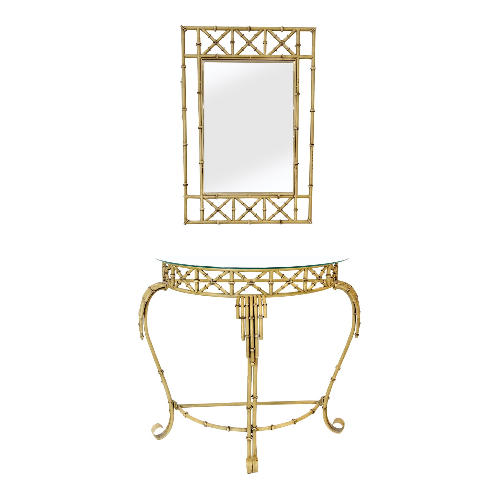 Hollywood Regency Metal Faux Bamboo Demilune Console Table and Mirror ...