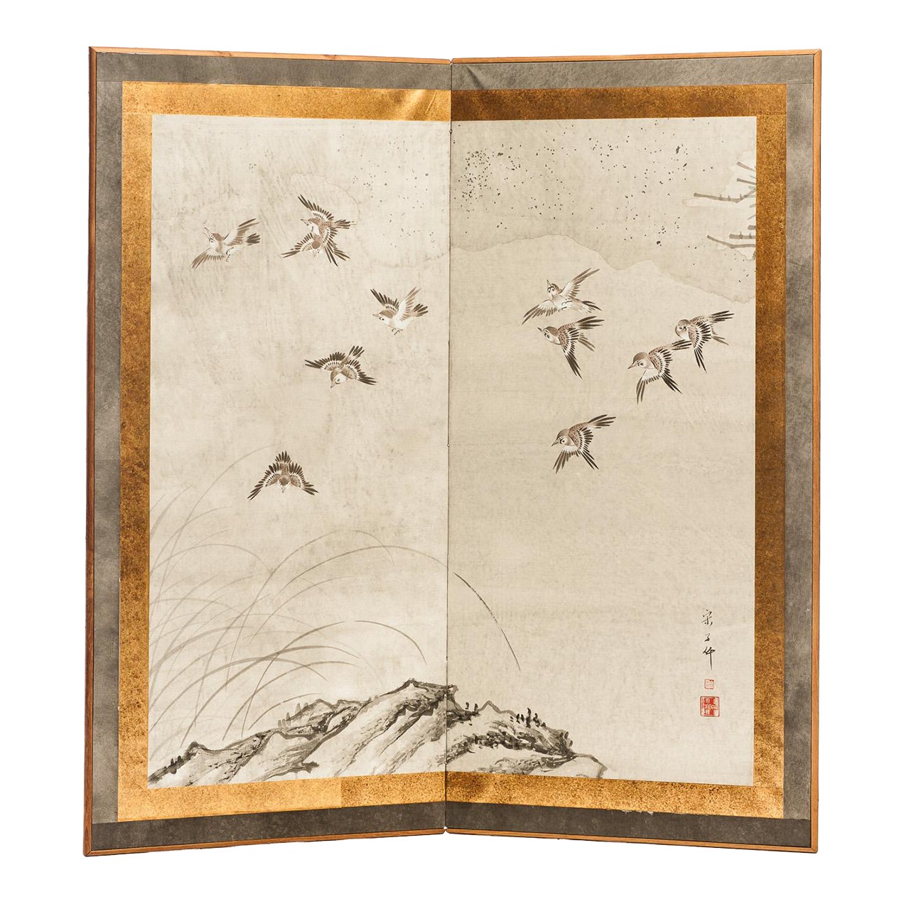 Sung Tze-Chin Chinese "Magpies in Flight" Two-Panel Screen Silk Hanging ...
