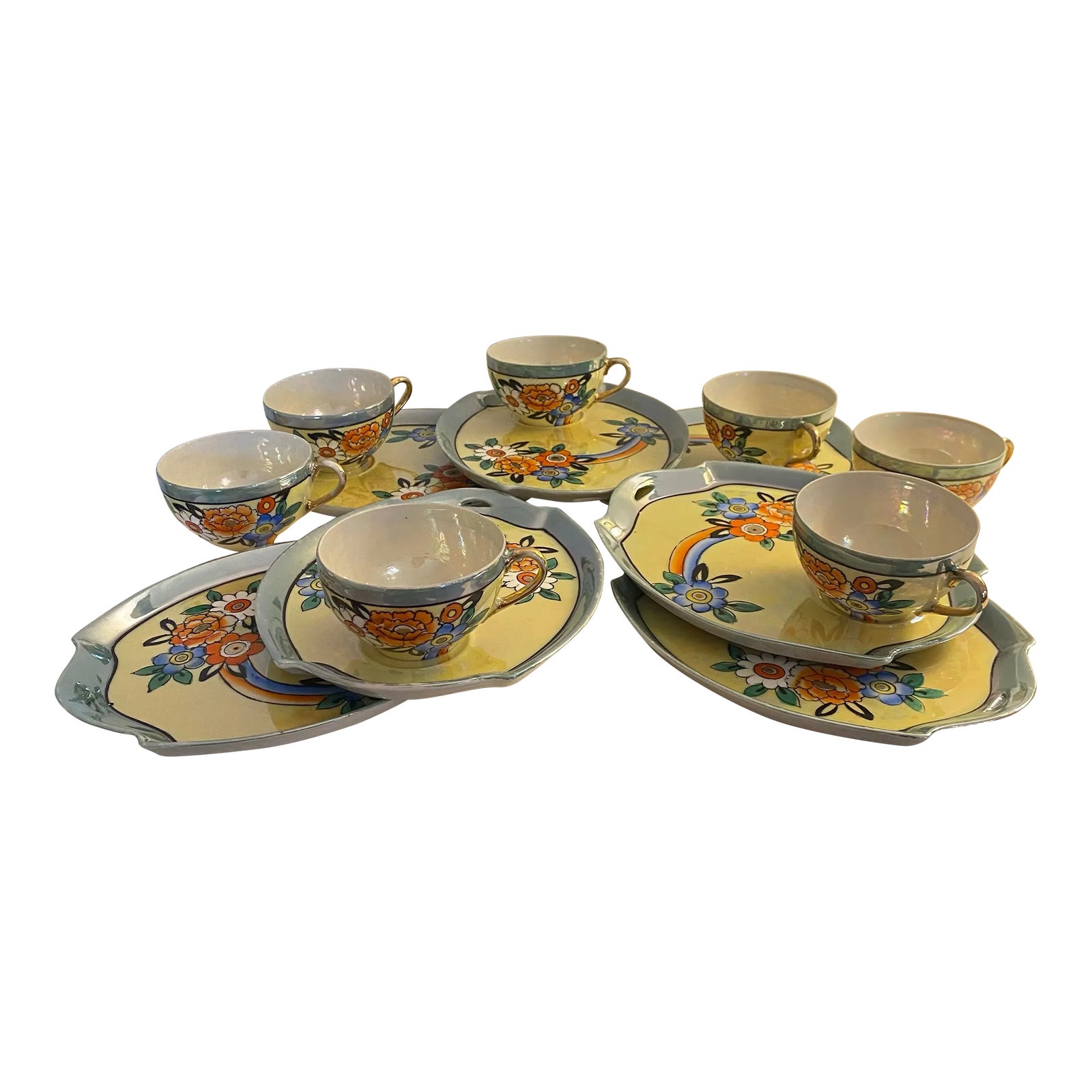 Early 20th Century Japanese Handpainted Lusterware Tea Cups & Snack ...