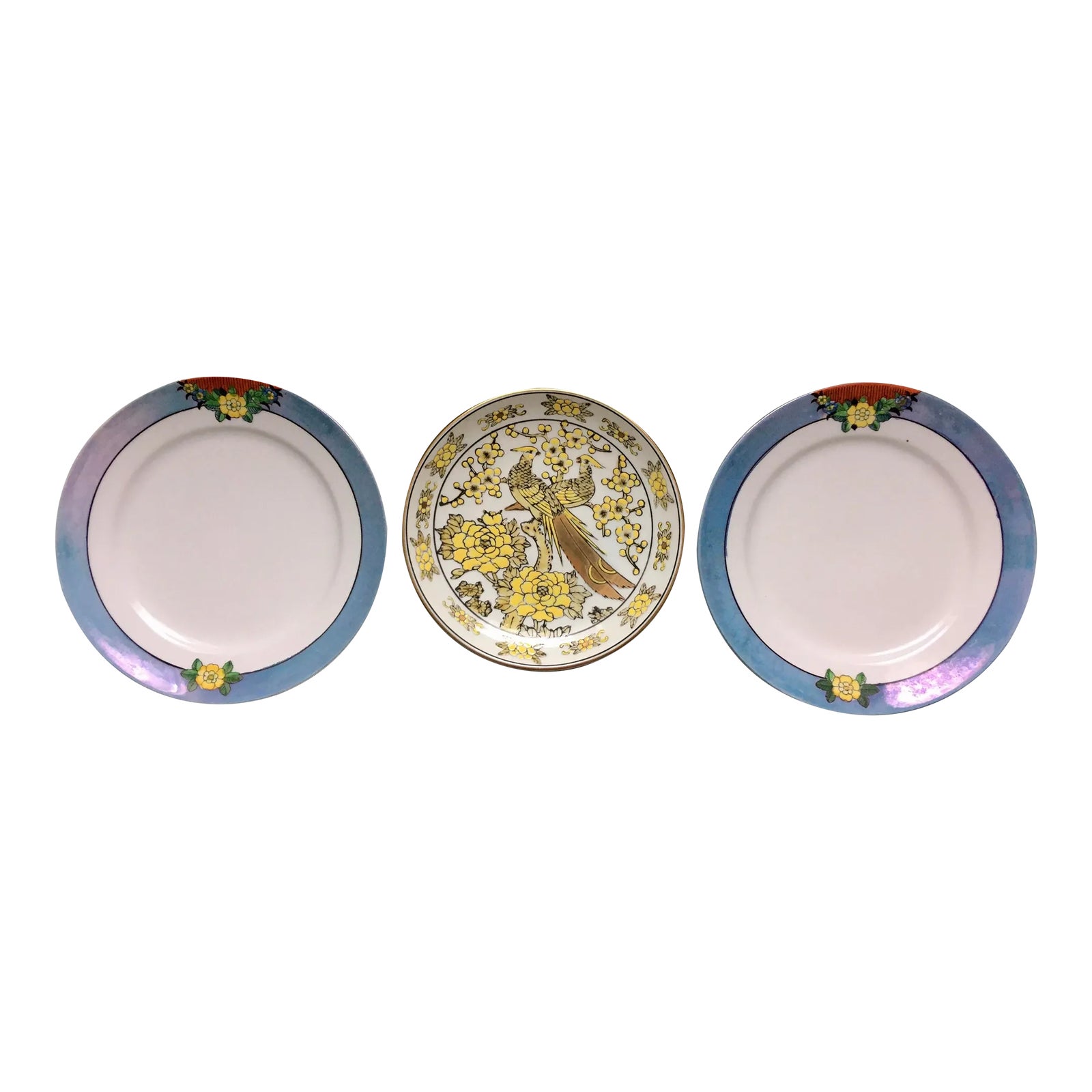 Vintage Blue & Yellow Decorative Plate Trio | Chairish