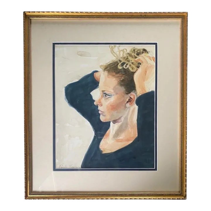 Mid 20th Century Figural Watercolor Portrait of Woman Fixing Her Hair ...