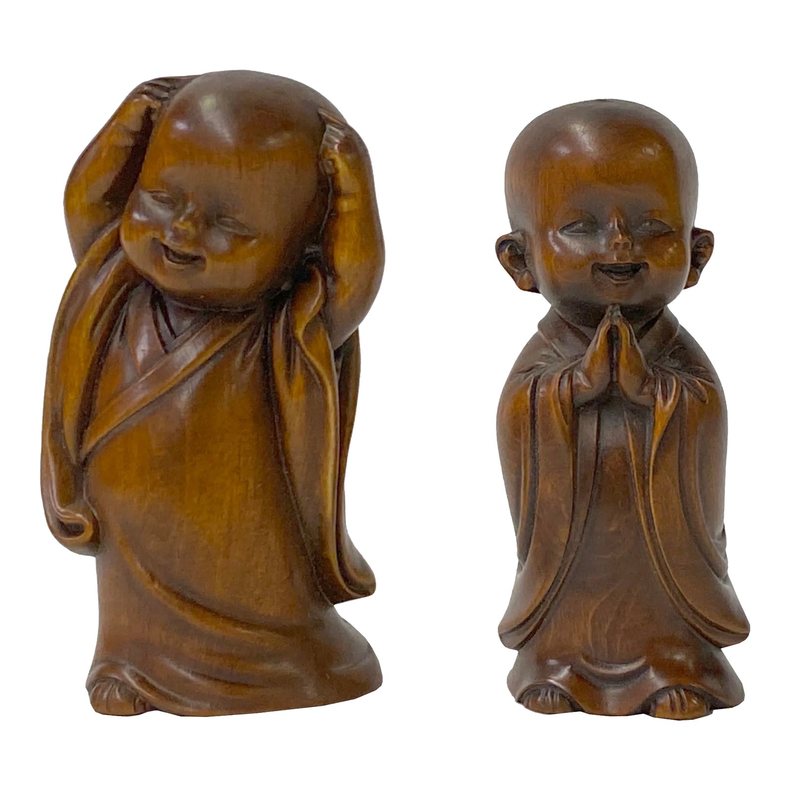 Chinese Pair Wood Carved Mini Kid Arhat Monk Lohon Figures | Chairish