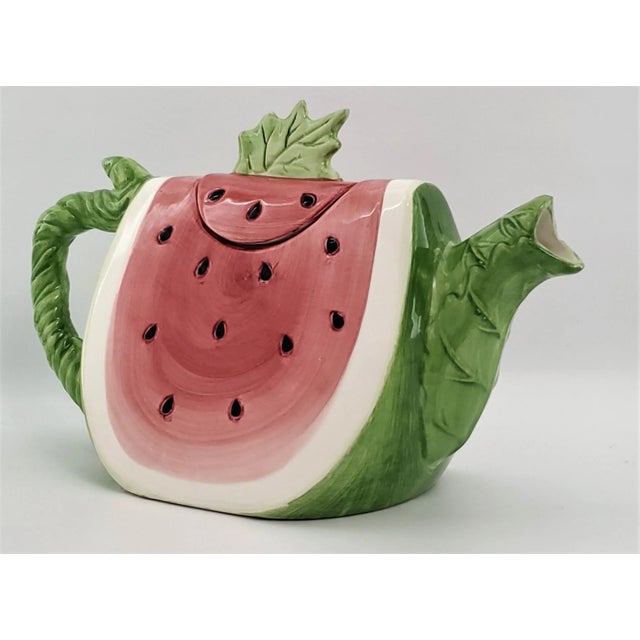 Vintage Porcelain Ceramic Watermelon Tea Pot With Green Leaf Handles ...
