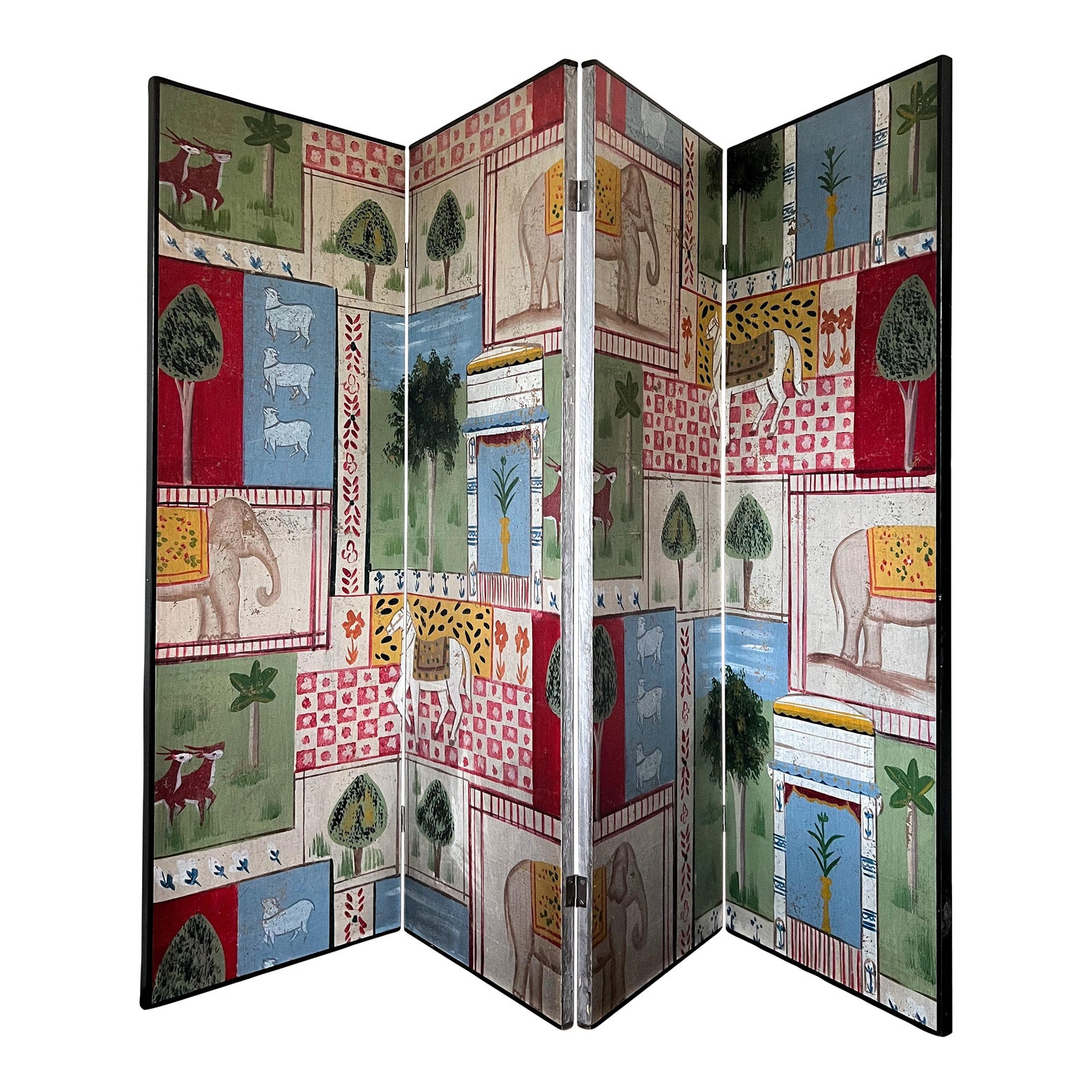 Folk-Inspired Wallpaper Folding Screen, Four Panels, C. 1970s | Chairish