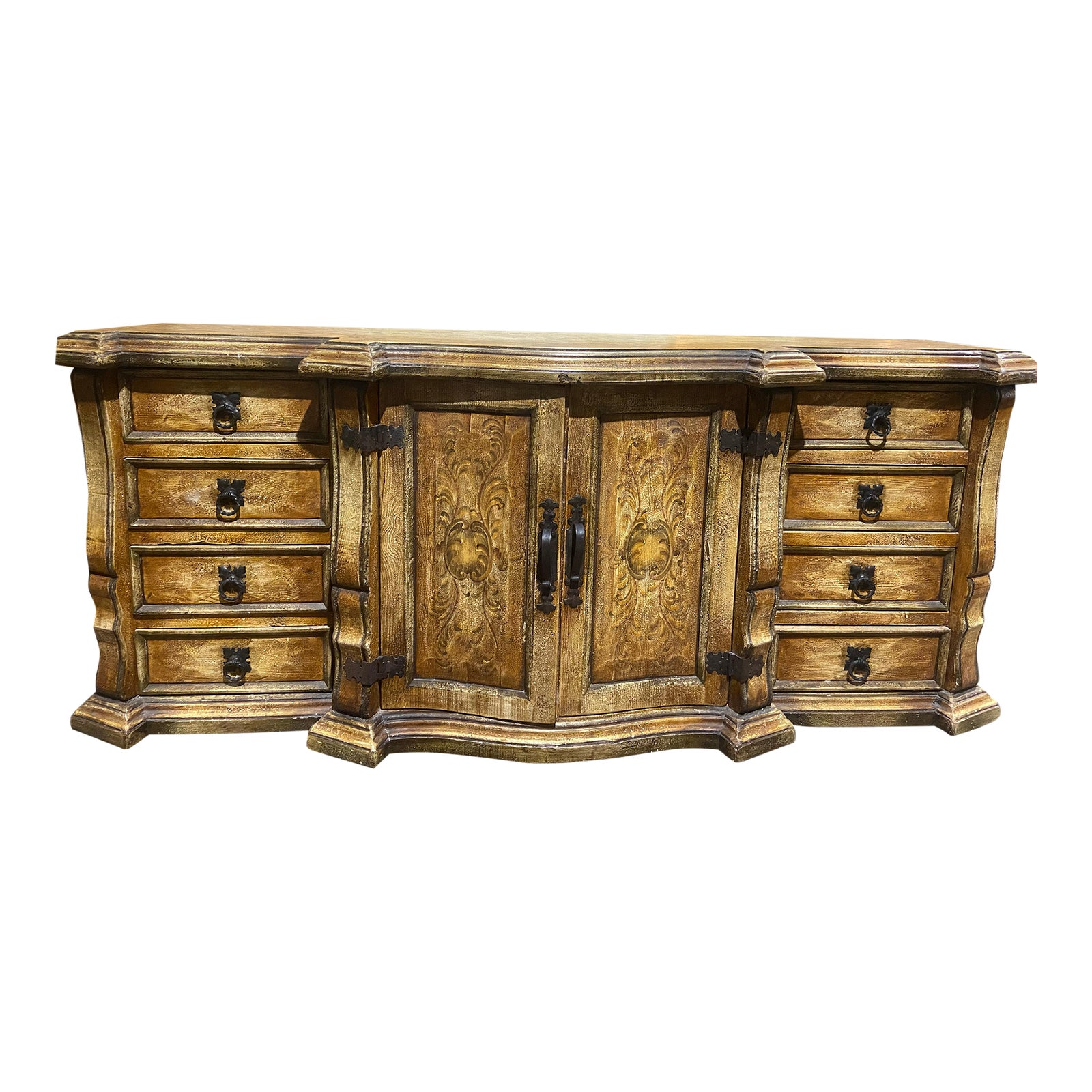 Faux Painted Ornate Orange Curved Buffet | Chairish