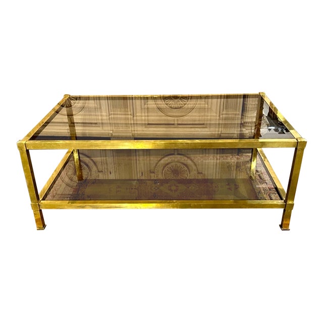 Italian MCM Brass and Smoke Glass Coffee Table | Chairish