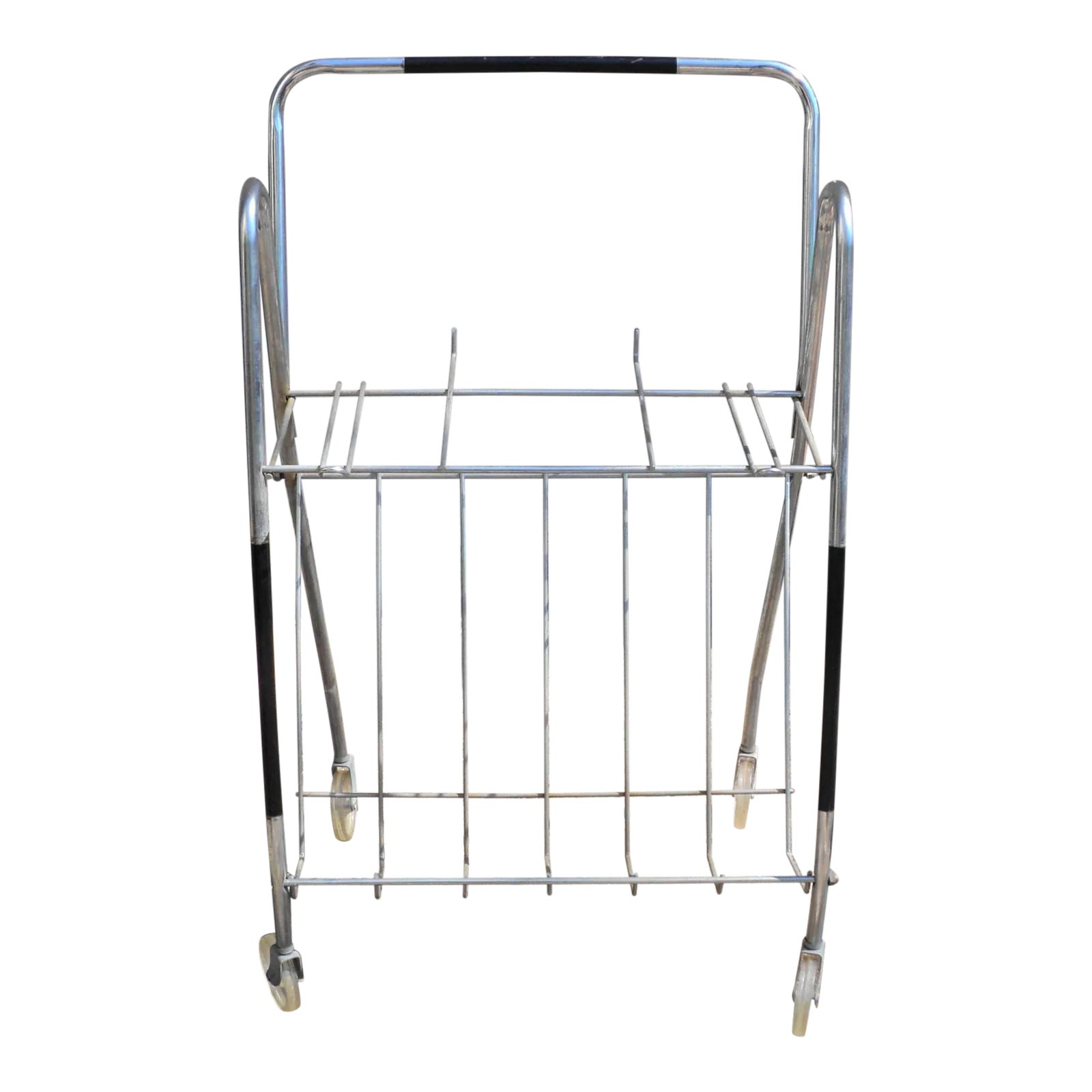 Mid Century Modern Chrome Metal Magazine Rack Cart on Wheels | Chairish