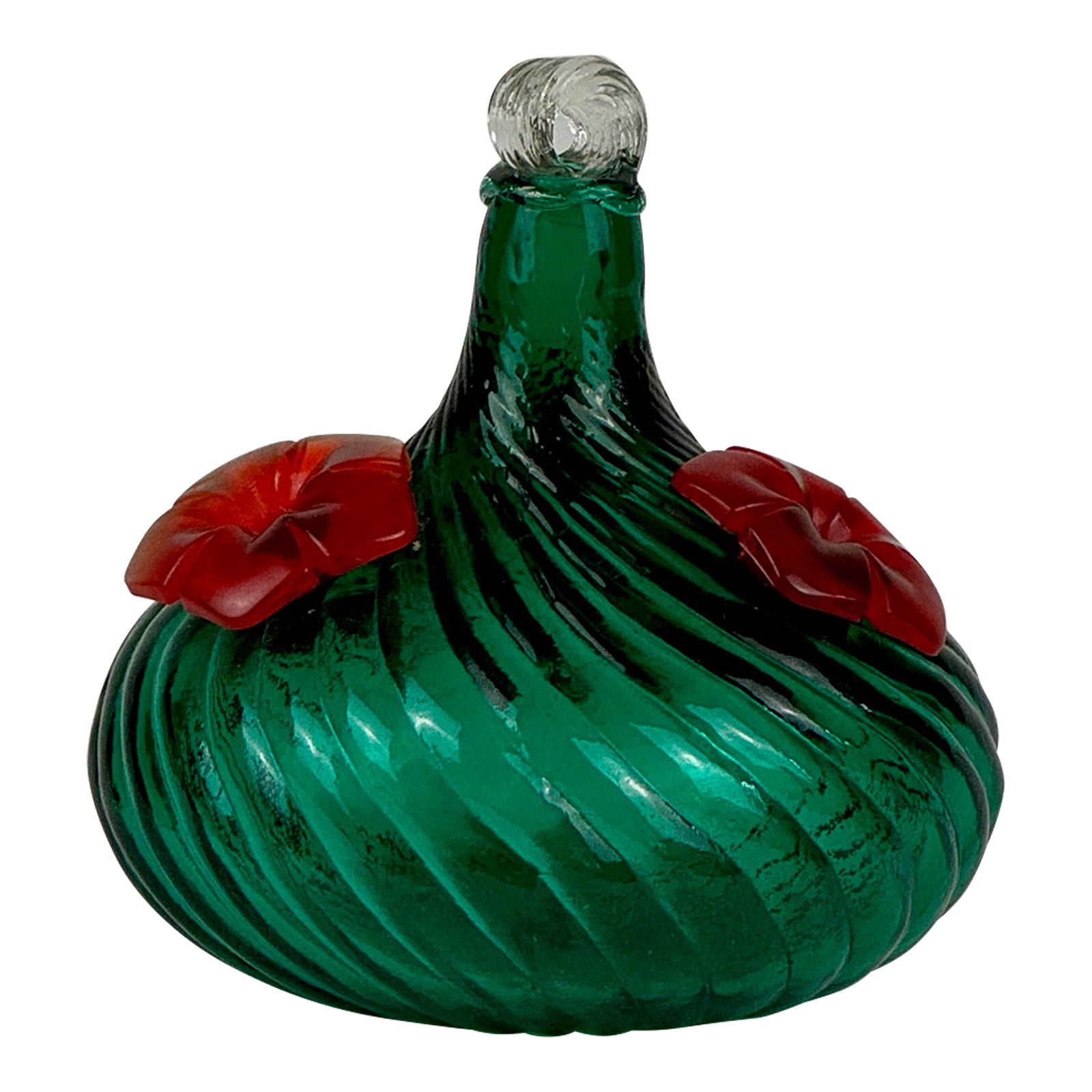 Vintage Hanging Art Glass Sculpture in Green With Red Flowers ...