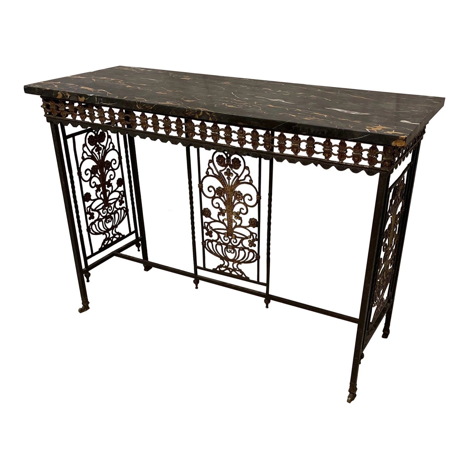 Oscar Bach Art Deco Iron Console Table With Marble Top | Chairish