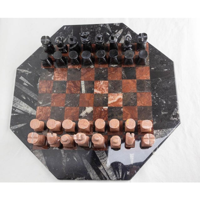 French Octagonal Chess Board in Red and Black Marble, 1980s, Set of 33 ...