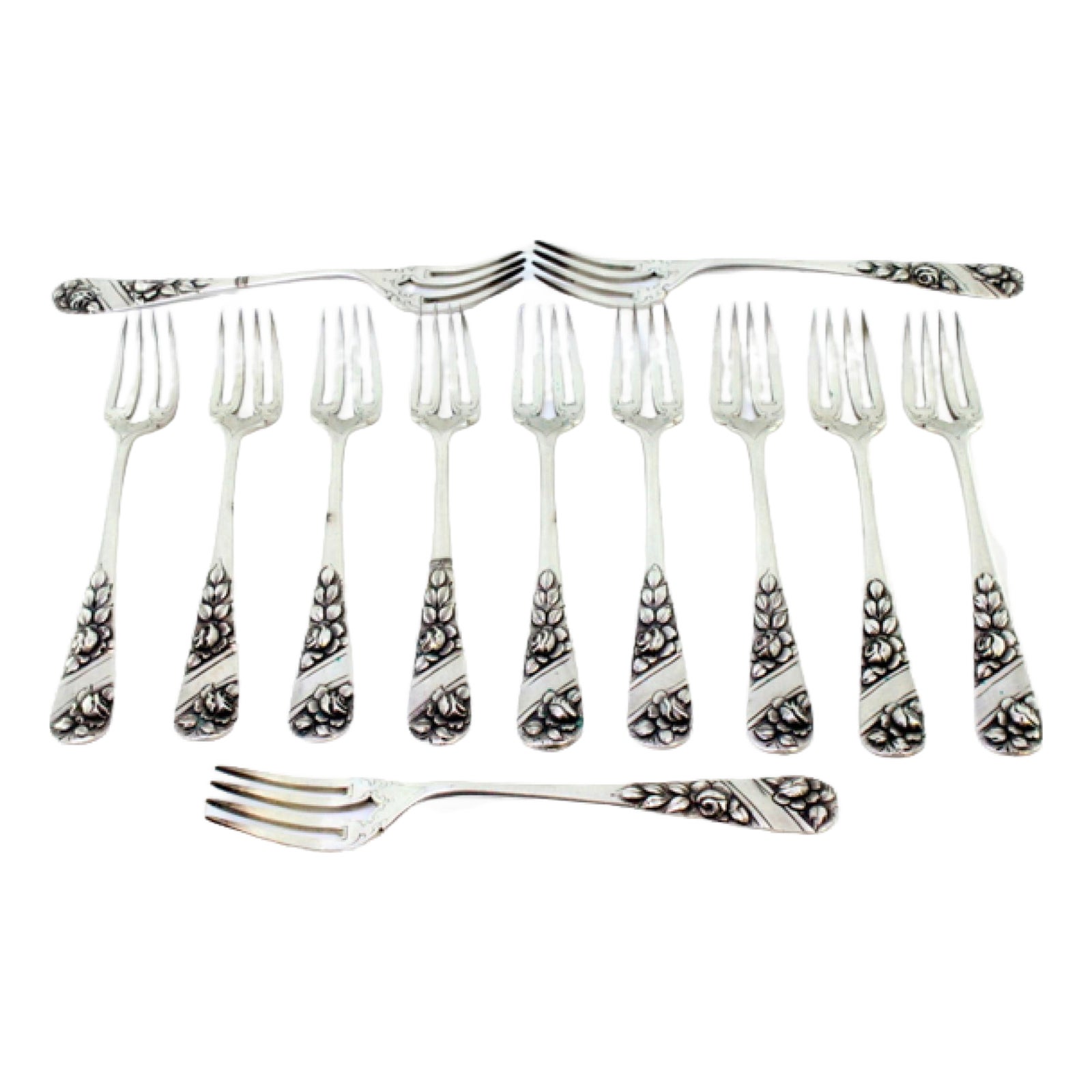 Silver Forks with Relief Handles and Monogram Cards, Set of 12 | Chairish