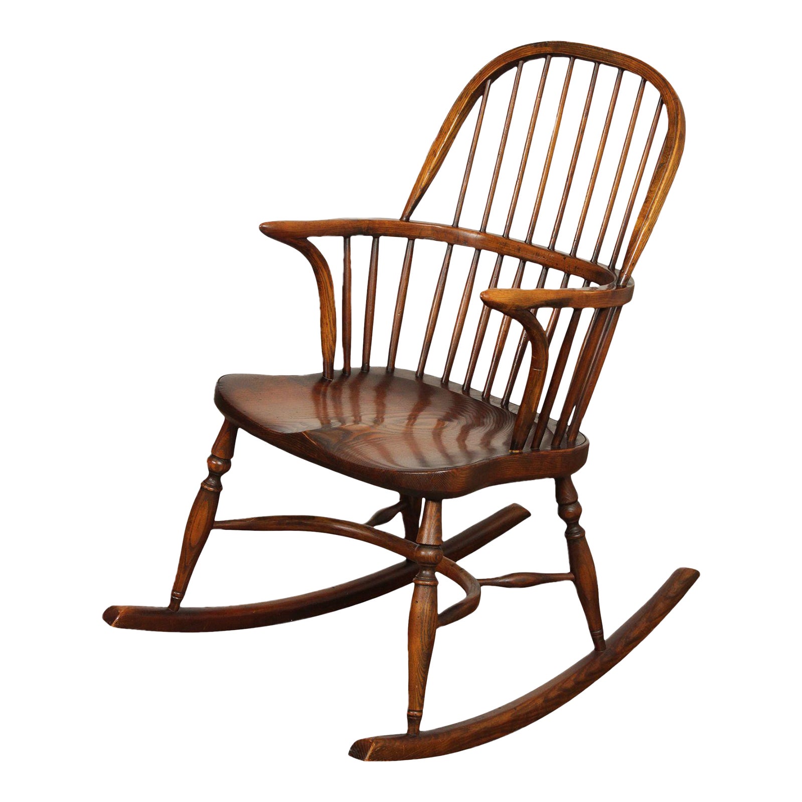 Early 20th Century English Yew Wood Sack Back Windsor Rocker | Chairish