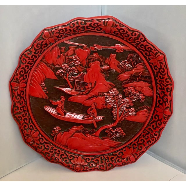 Chinese Hand Carved Cinnabar Red Plate | Chairish