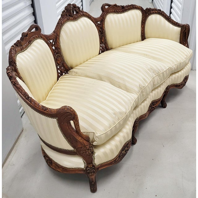 Antique French Louis XV Pierce Carved Swan Triple Back Sofa Couch ...