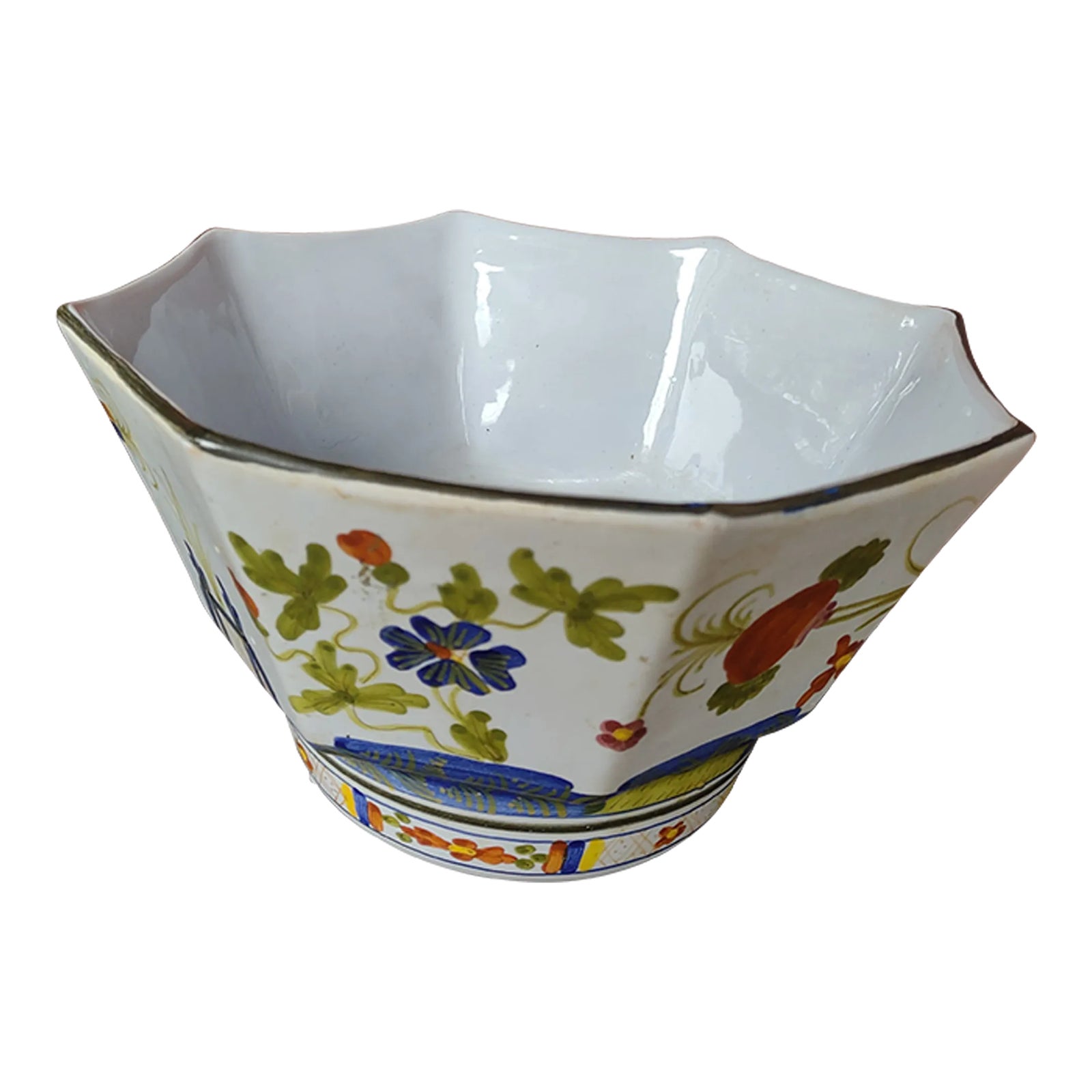 Large Vintage Blue Carnation Faenza Pottery Octagonal Footed Bowl Made ...
