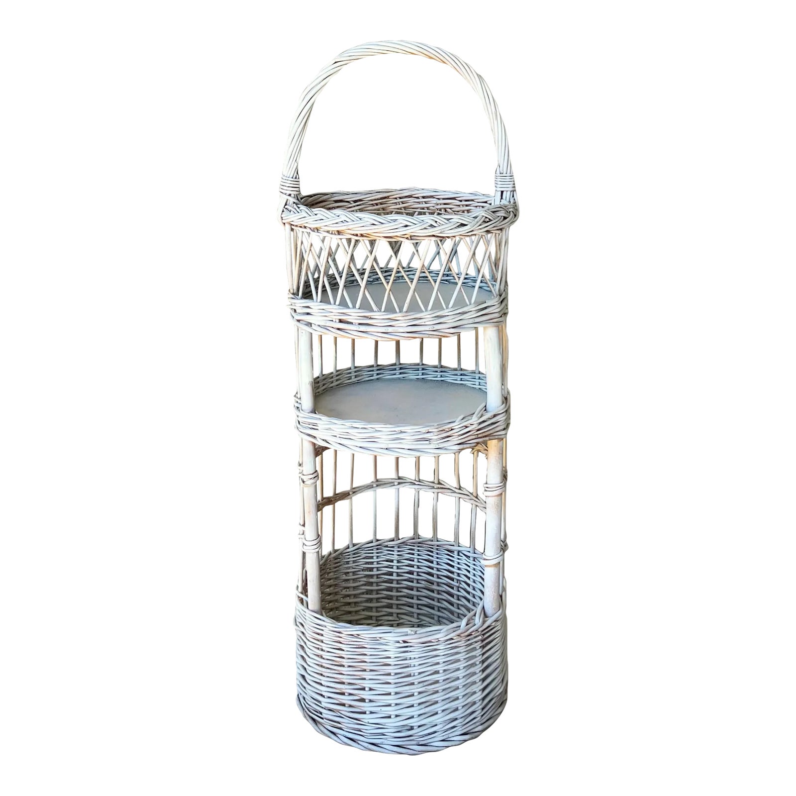Mid 20th-Century Cottage Chic Bamboo & Willow Tiered Round Storage ...