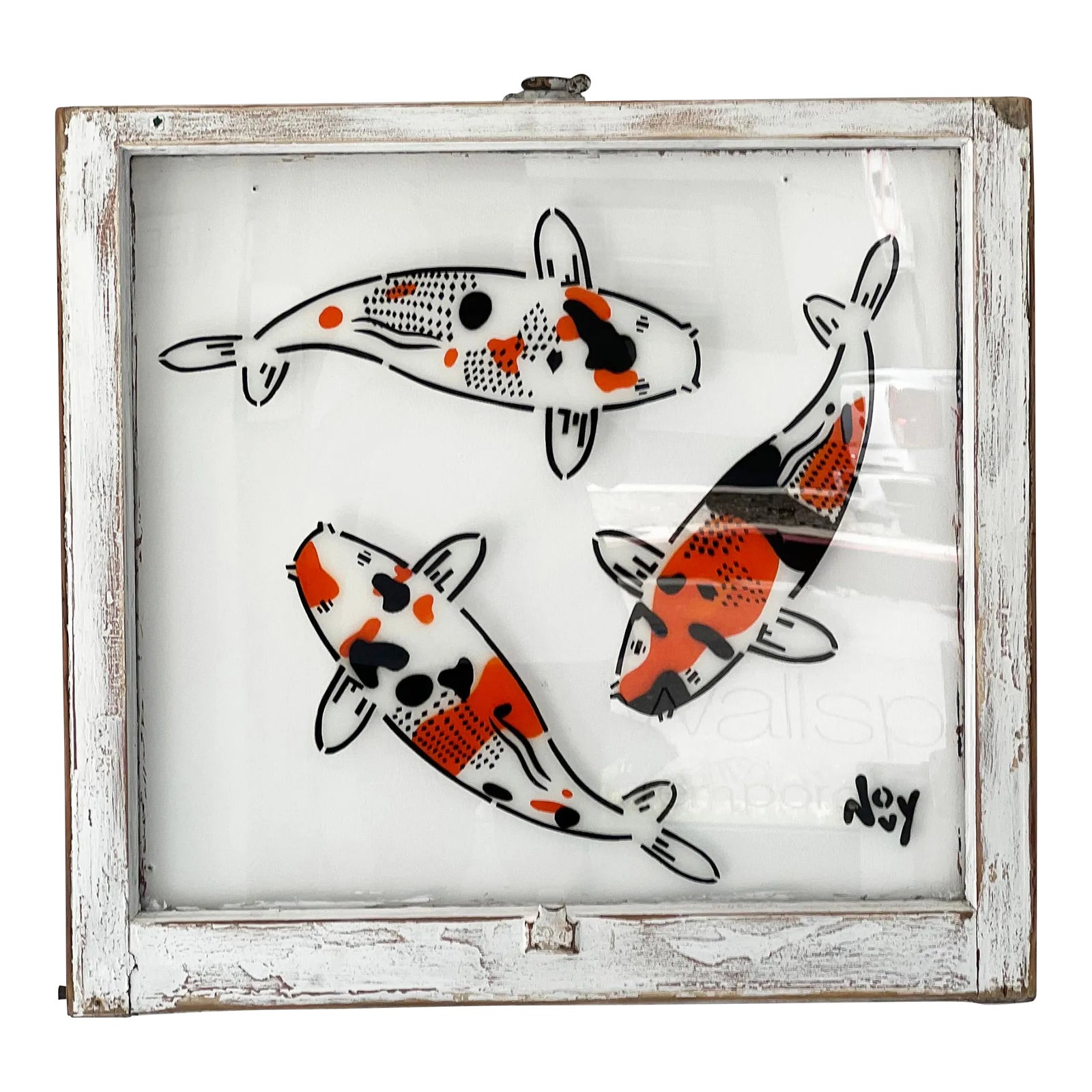 Still Life of Three Koi Spray Painted Stencil on White Stained Wood ...