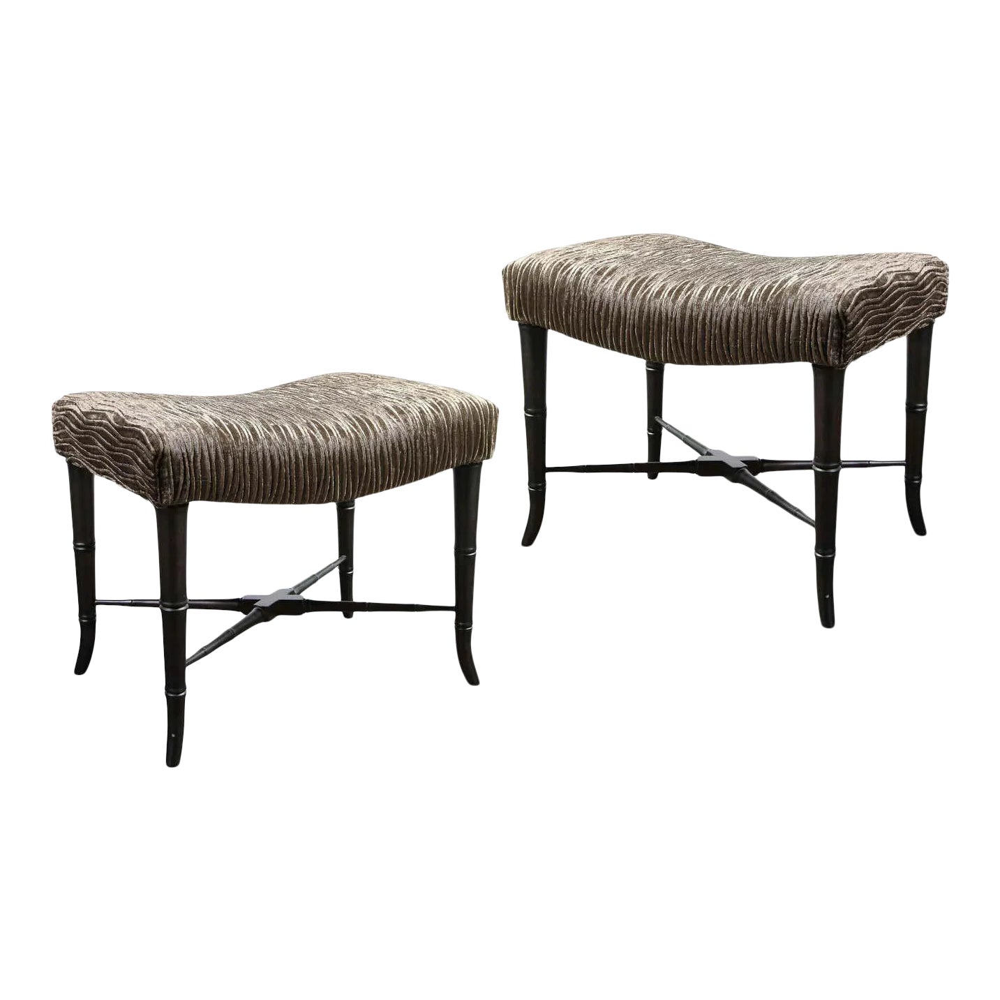 Mid-Century Modern X-Form Stools in Gauffraged Smoked Bronze Velvet - A ...