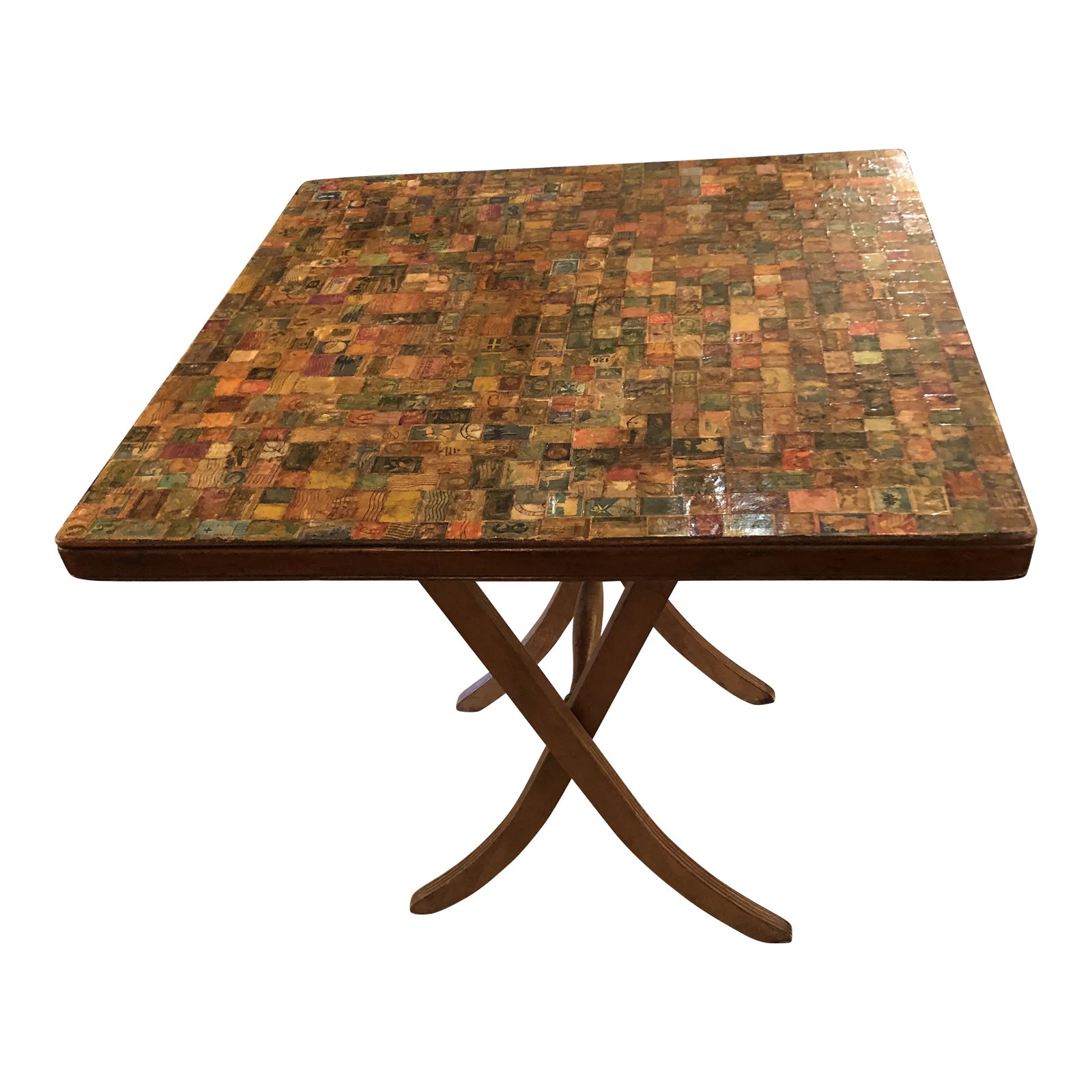 Folding Card Table Collaged With Stamps | Chairish