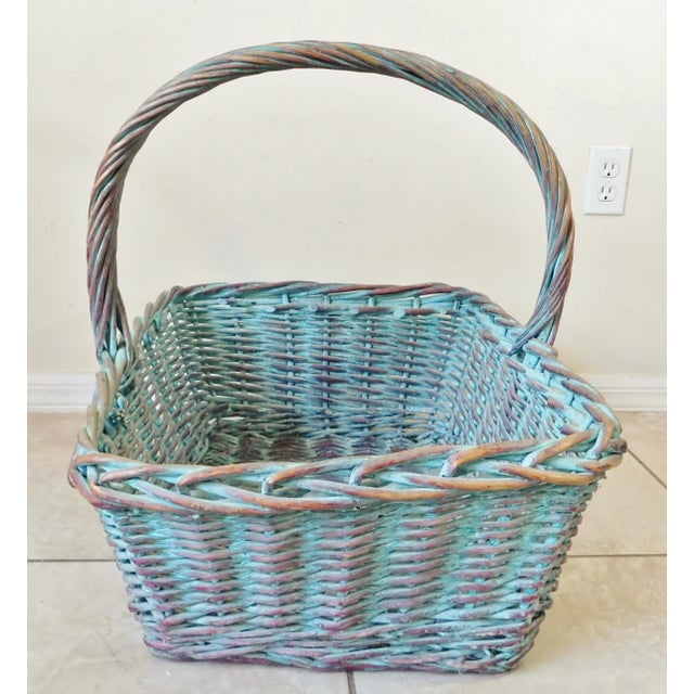 Extra Large Oversized Vintage French Light Blue Wash Finished Wicker ...