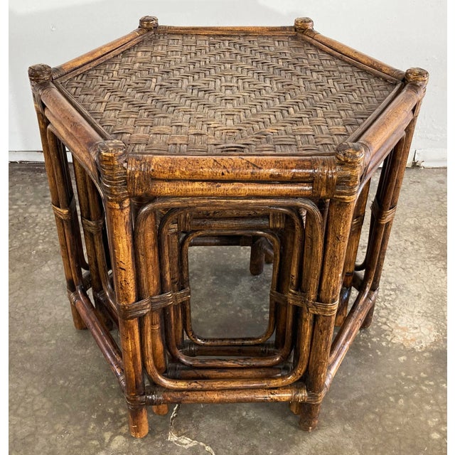 Vintage Hexagonal Rattan and Woven Wicker Nesting Tables, S/3 | Chairish
