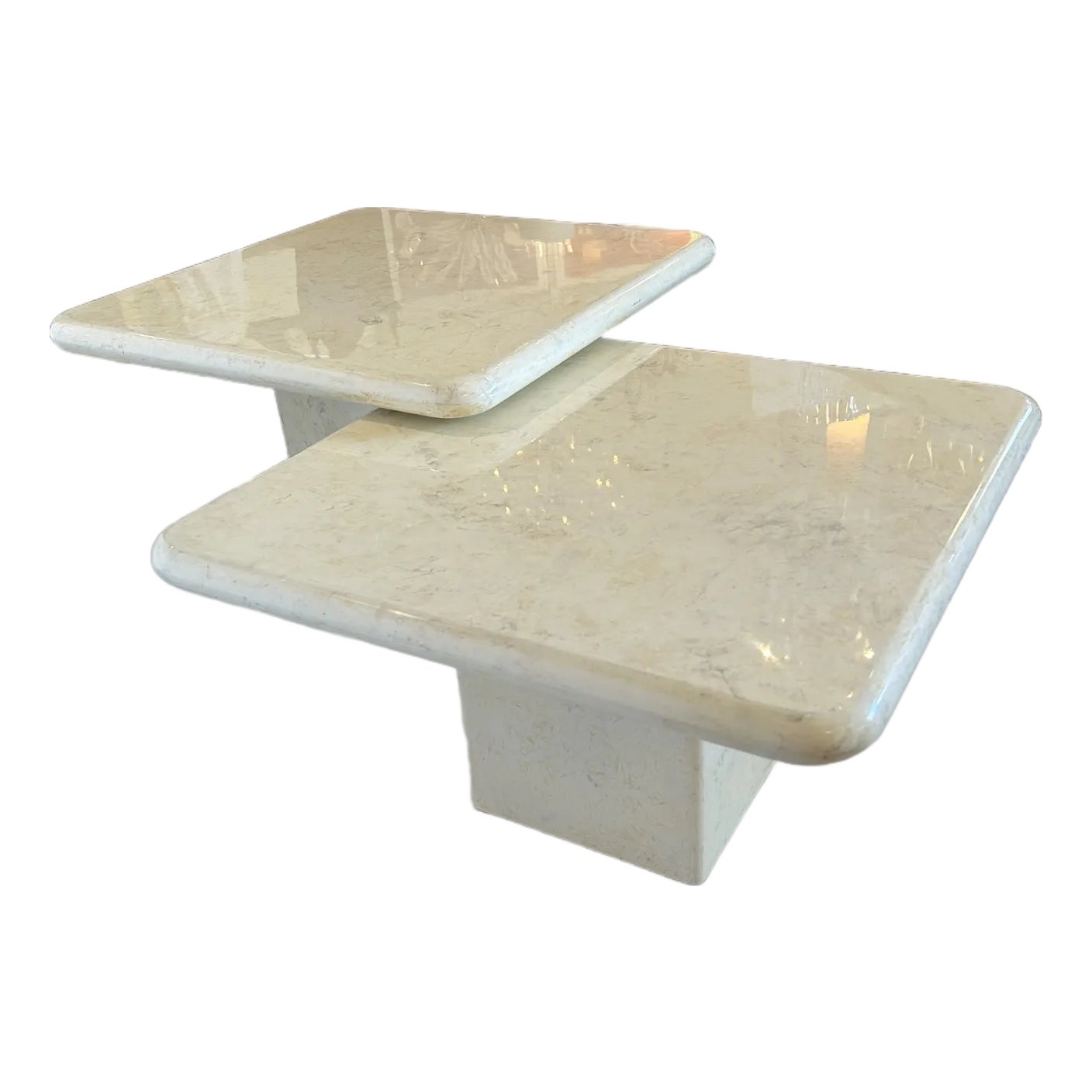 Square Lacquered Wood Faux Marble Overlapping Cocktail Tables- A Pair ...