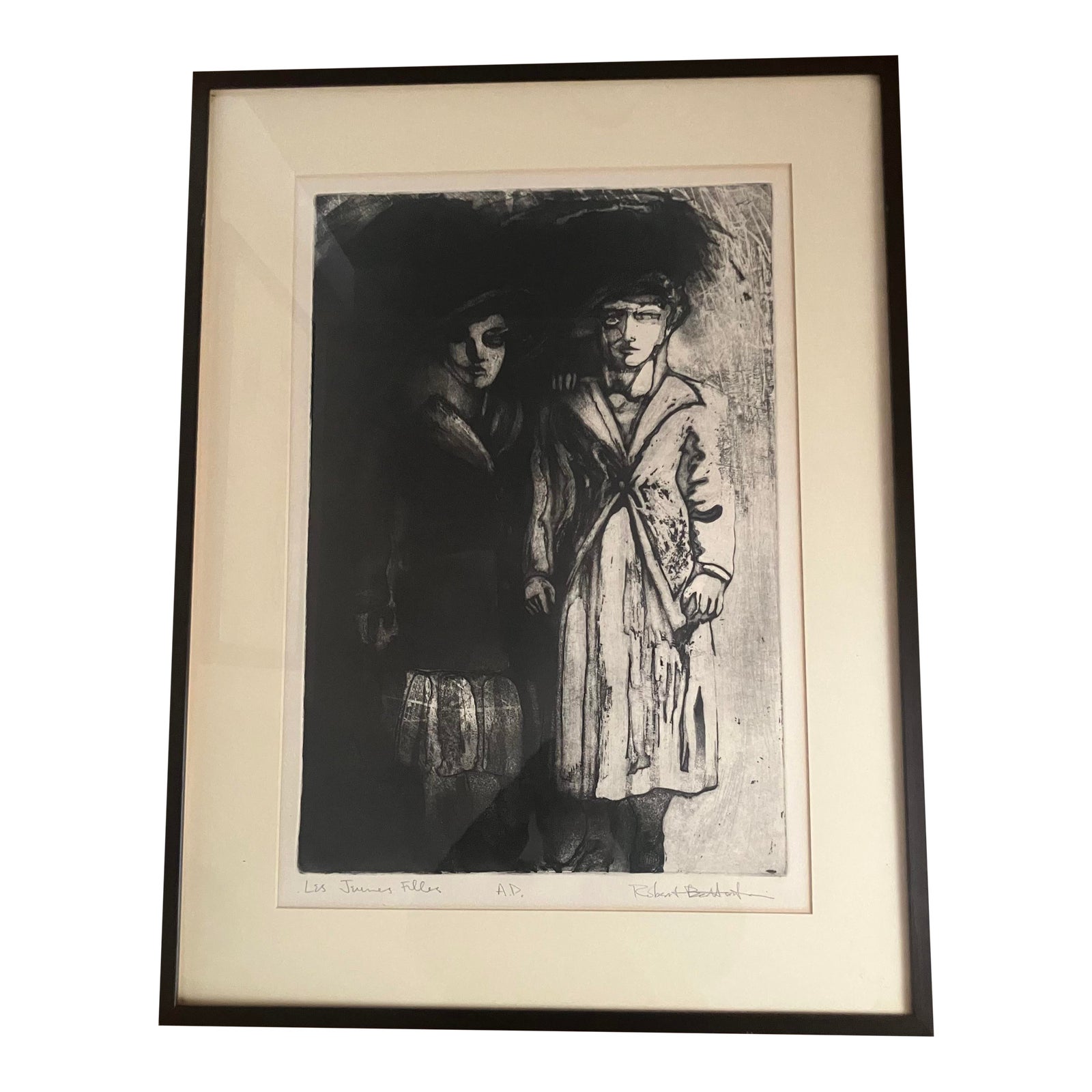 1950s Les Juene Filles, French Black & White Lithograph of Young People ...