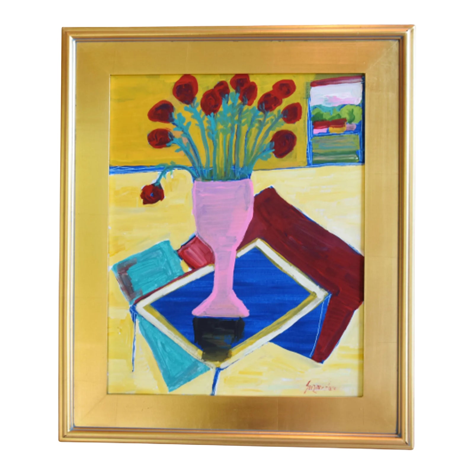 Juan "Pepe" Maldonado Guzman (1948-2022) Red Flowers in Pink Vase on ...