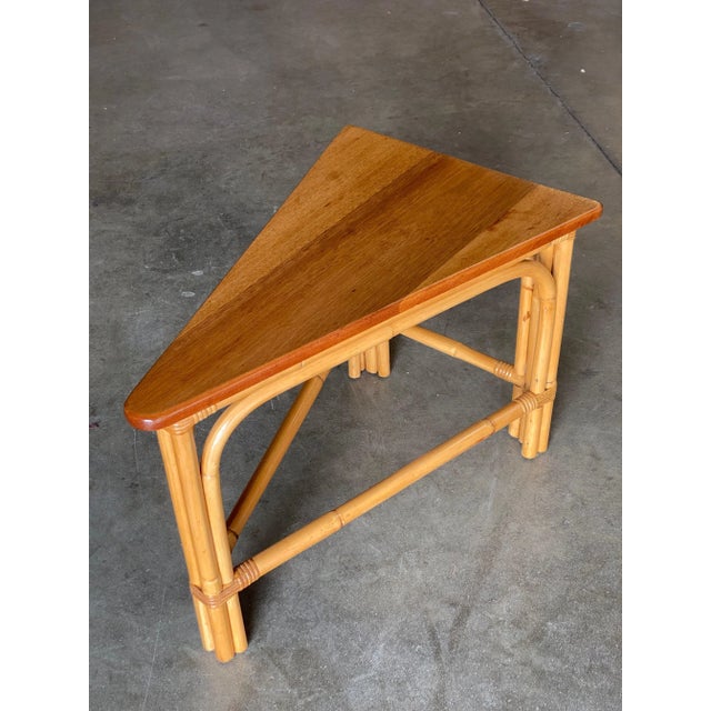 Restored Rattan "Pizza Slice" Corner Side Table With Mahogany Tabletop ...