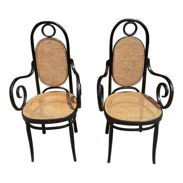 Pair Thonet Arm Chairs Model #17 Bentwood Elongated Backs Caned Seats & Backs | Chairish