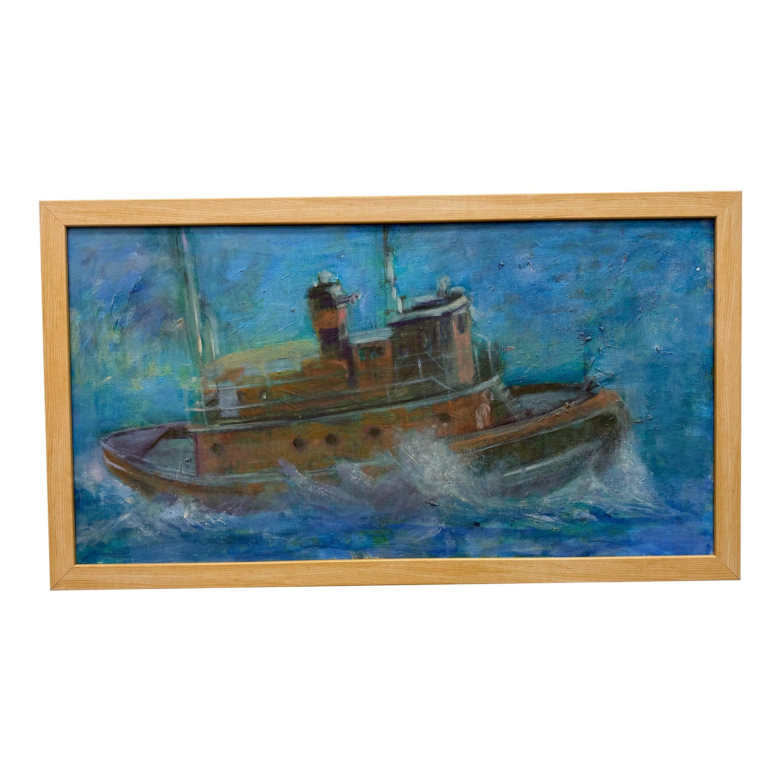 Vintage Midcentury Tugboat Oil on Canvas Painting | Chairish