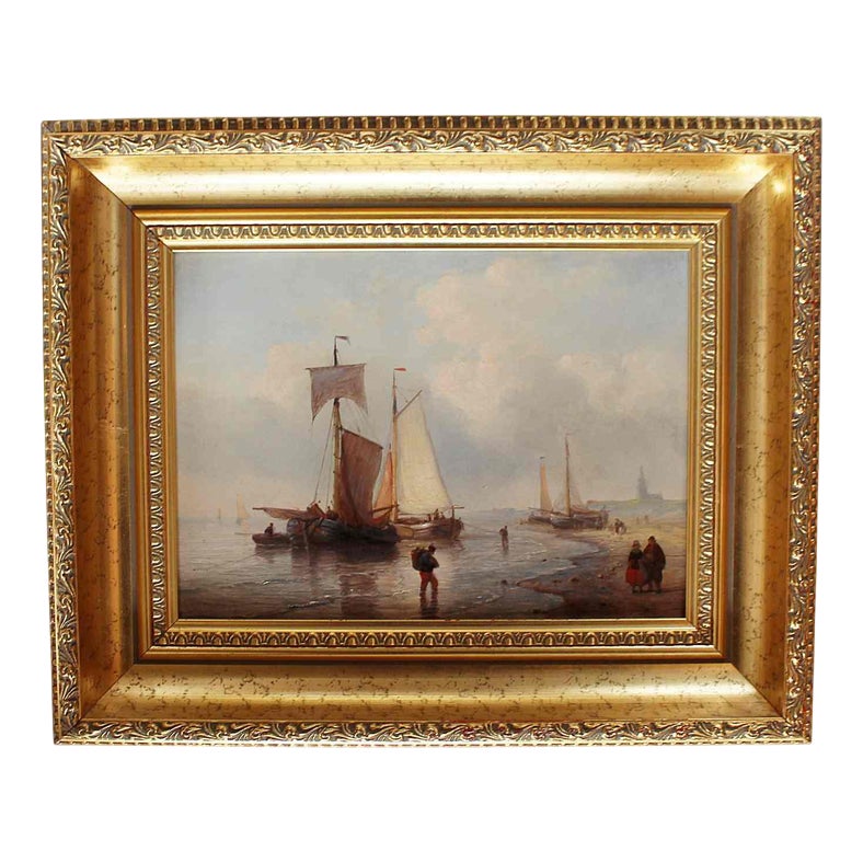 G.W. Opdenhoff, Fishing Boats on the Shore, Oil on Board, Framed | Chairish