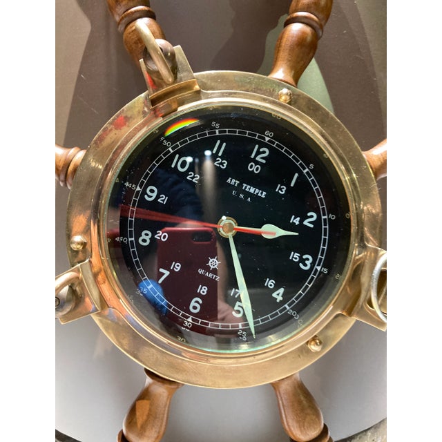 Vintage Art Temple Ship’s Helm With Solid Brass Porthole Clock | Chairish