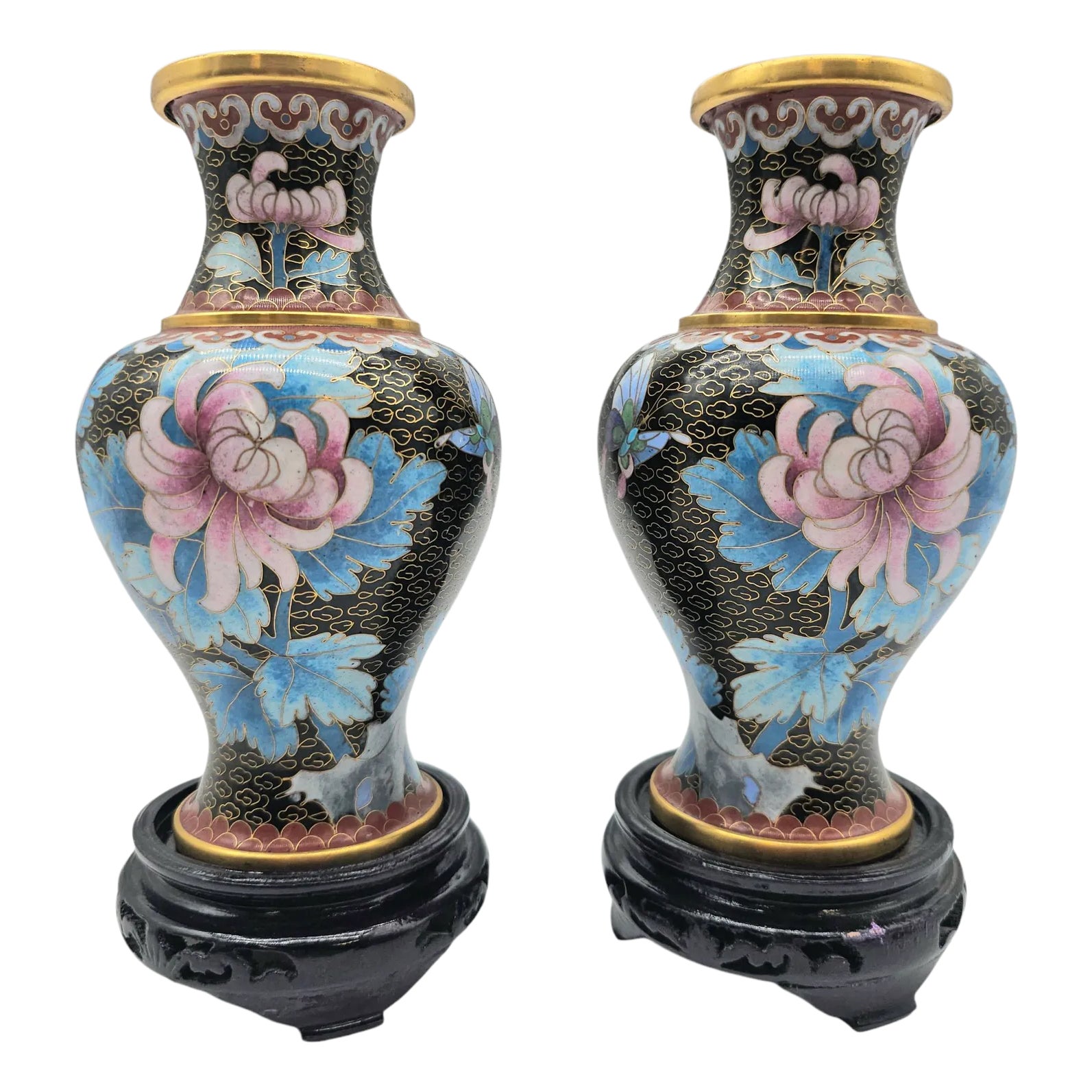 Jingfa Chinese Cloisonné Enamel Peony and Butterfly Vases on Wood ...