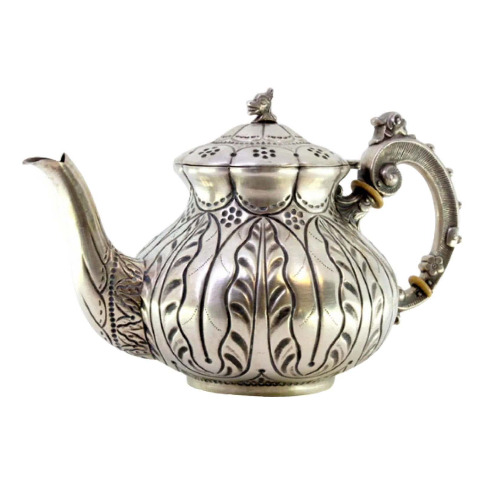 Silver Kettle with Relief Engraving and Handle Lid with Dragon Figure ...