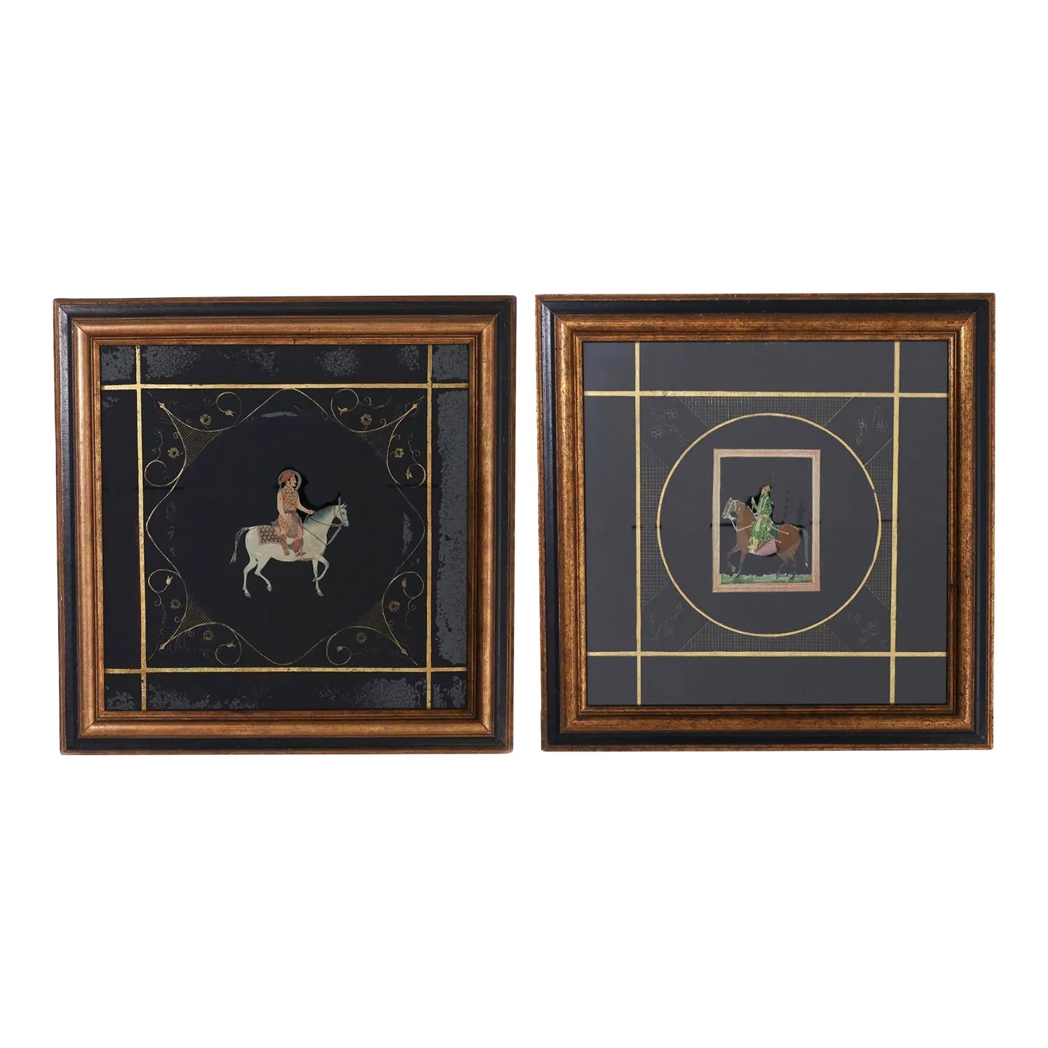 Anglo Indian Pair of Watercolors of Men on Horses | Chairish