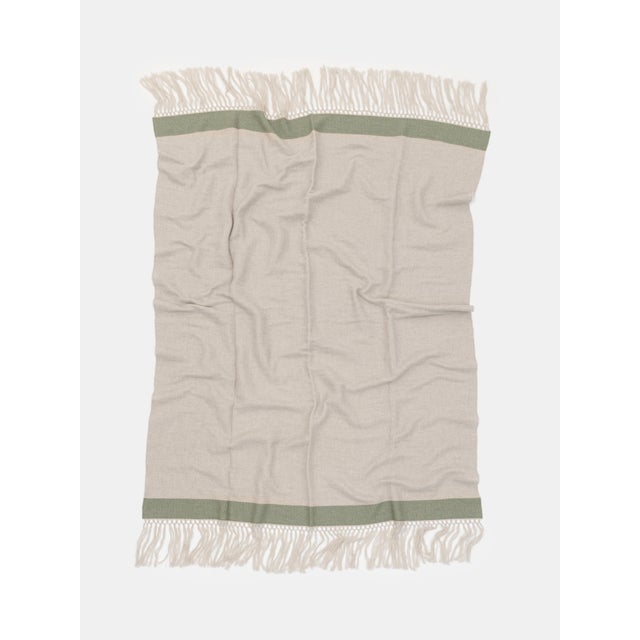 Merino Wool Fringed Green-Banded Throw by Villa Como | Chairish