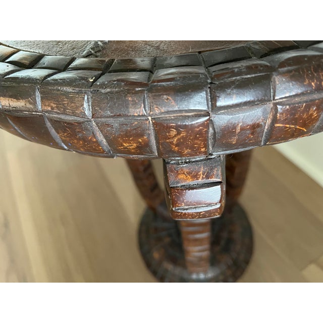 1990s Art Deco Style Coconut Wood Accent Table With Leather Top | Chairish