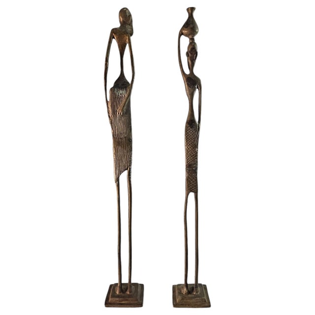 Elongated African Tribal Brass Bronze Statues Set of 6 | Chairish