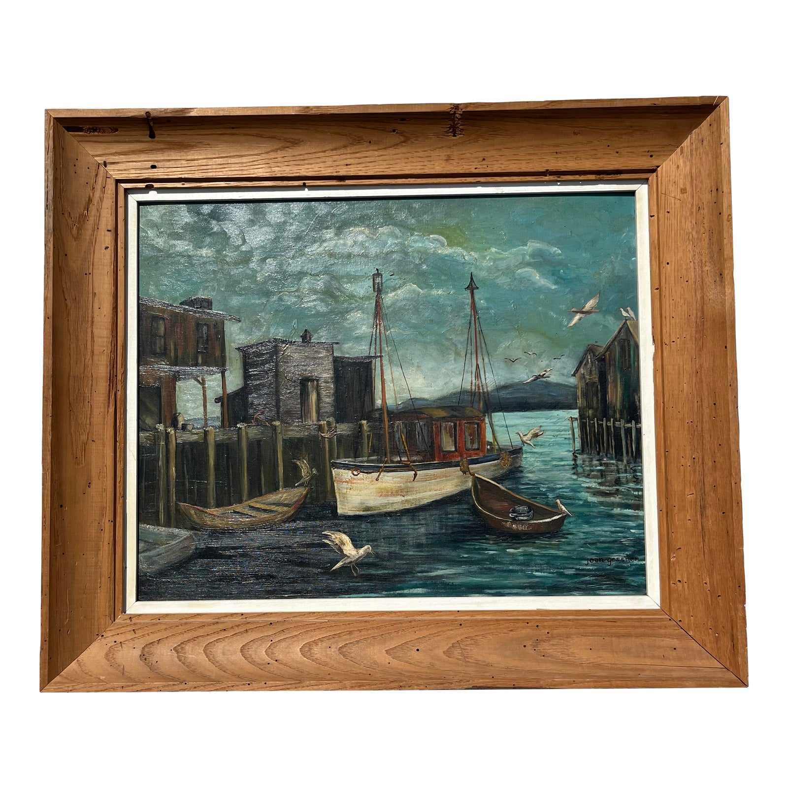 1960s Joan Gessner Seaport Painting, Framed | Chairish