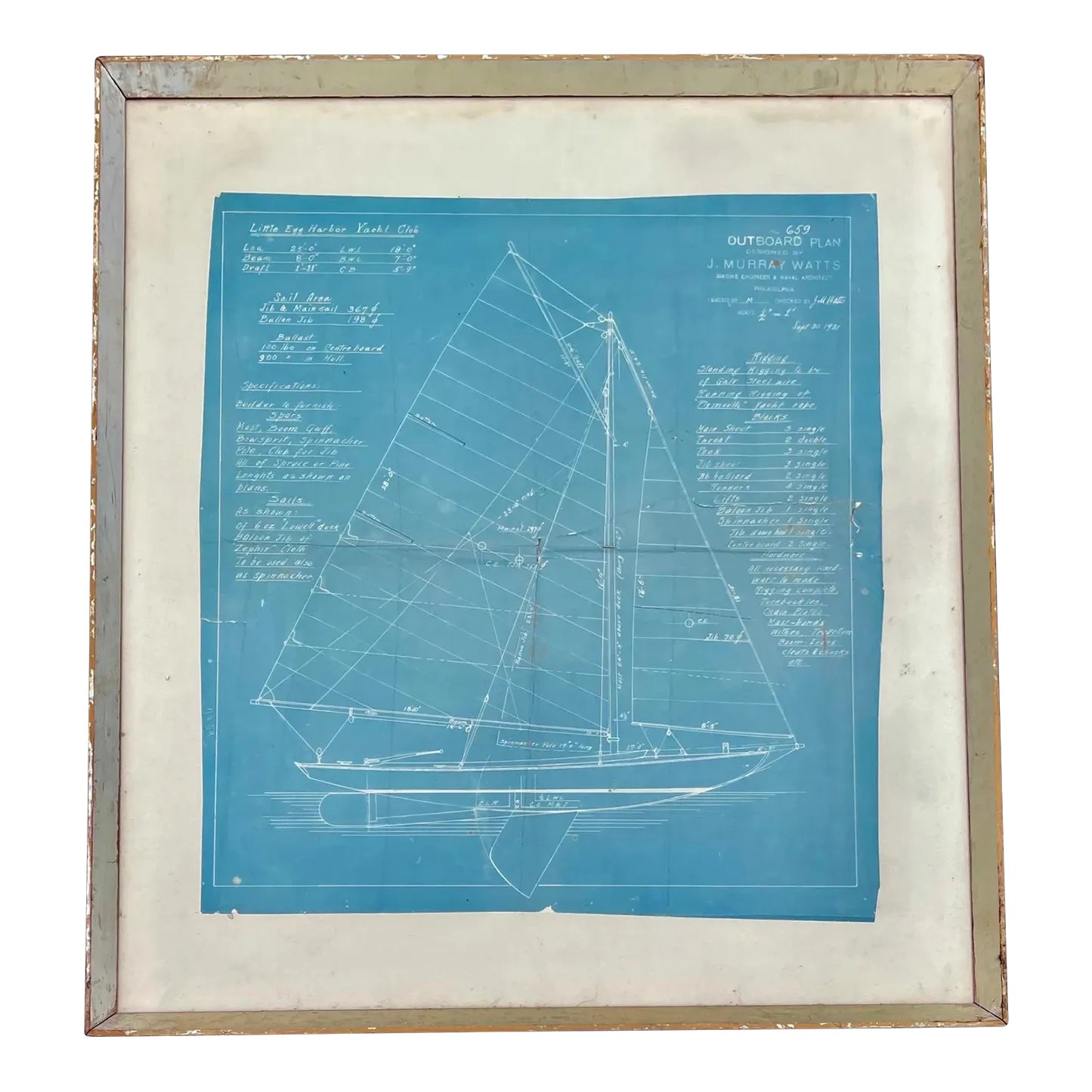 Beautiful Framed Original Antique American Sailboat Nautical Blueprint ...