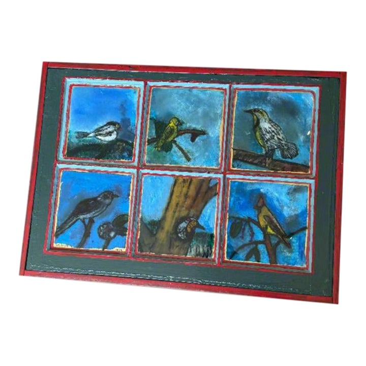 Gregory Grenon "Birds at Home" 1993 Window Pane Painting | Chairish